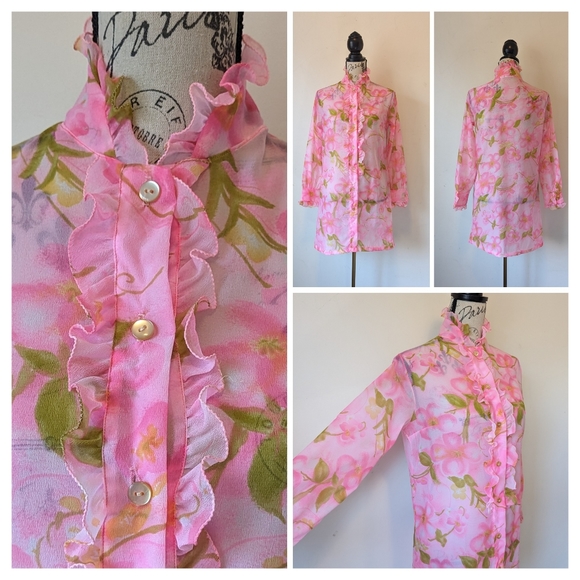 Vintage | Tops | Vintage 96s Floral Sheer Ruffle Topmini Dress | Poshmark